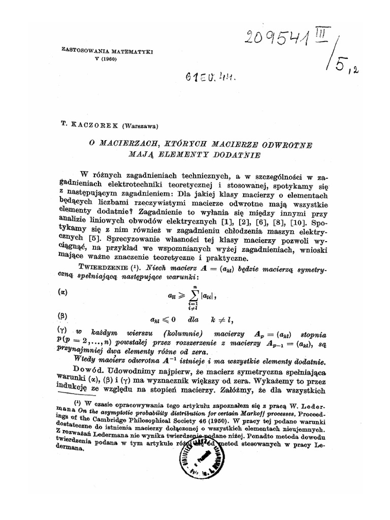 O Macierzach Których Macierze Odwro | PDF