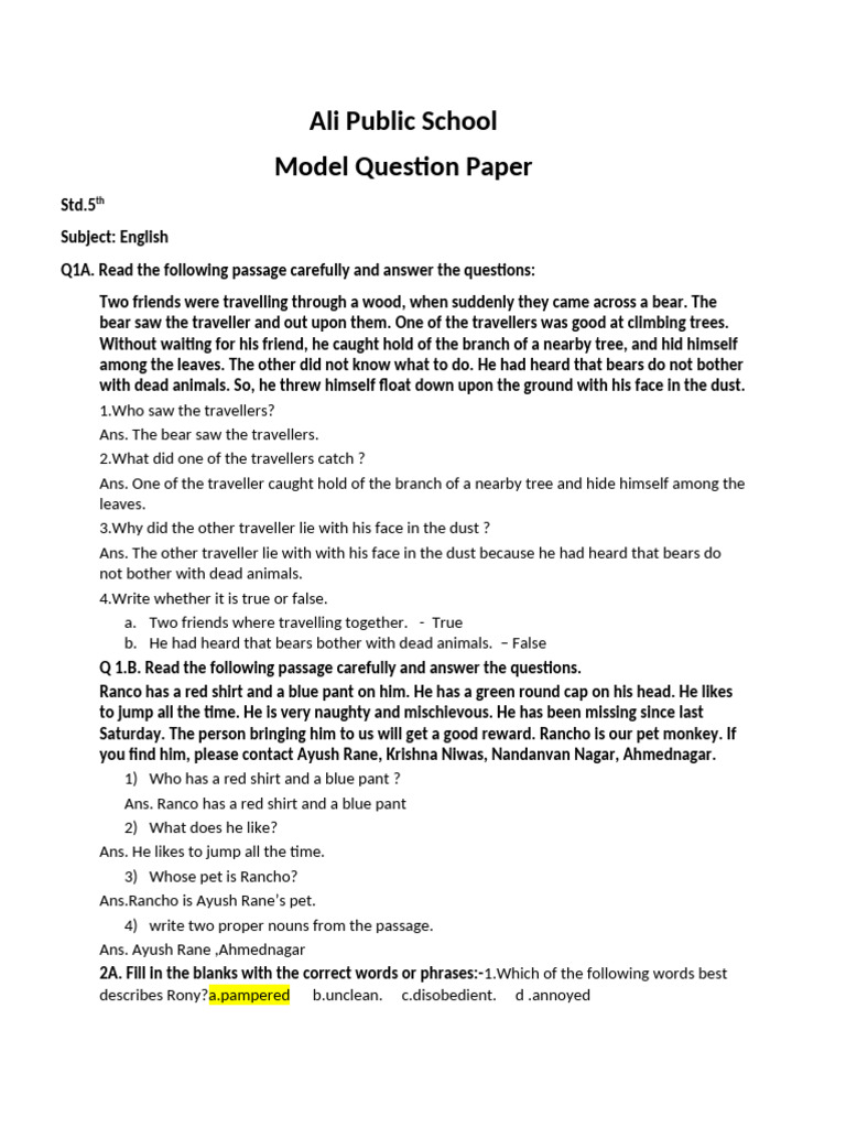 English 5th (Model Question) Sem 1 | PDF | Plural | Anansi