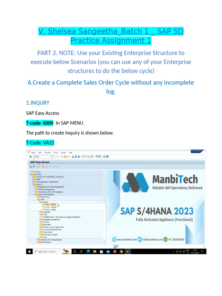 V. Shelsea Sangeetha - Batch 1 - SAP SD Practice Assignment 2 | PDF | Computing