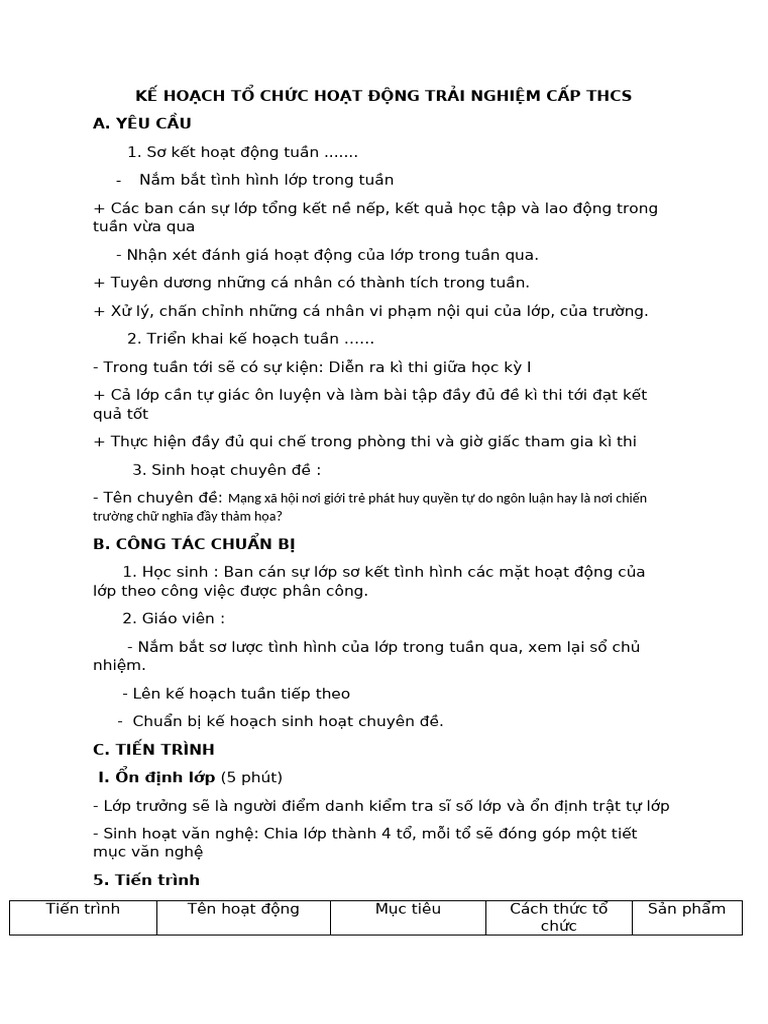 KẾ HOẠCH TỔ CHỨC HOẠT ĐỘNG TRẢI NGHIỆM CẤP THCS | PDF