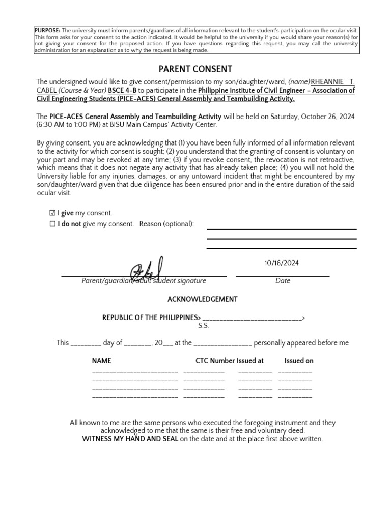 Parent Consent for Student Activity | PDF | Private Law | Justice