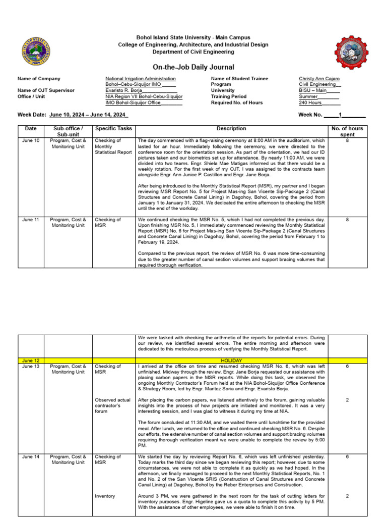 OJT Daily Journal for Civil Engineering | PDF | Concrete