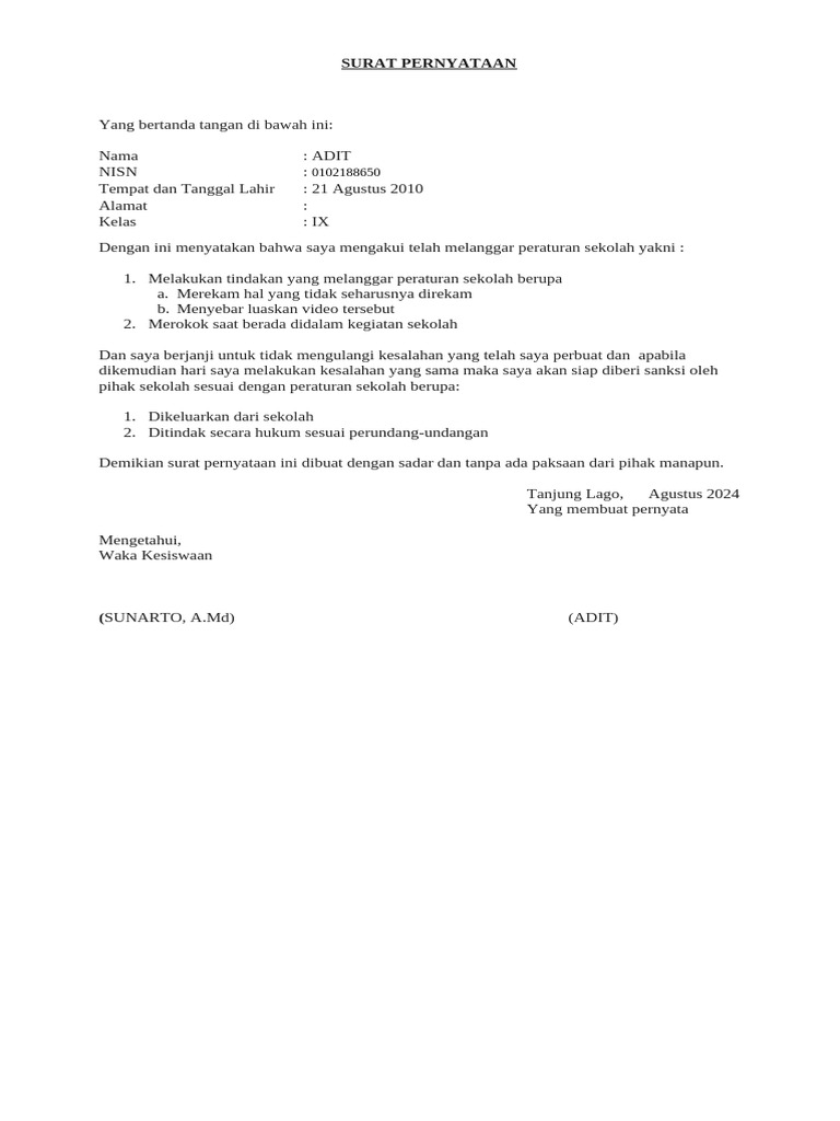 SURAT PERNYATAAN Adit | PDF