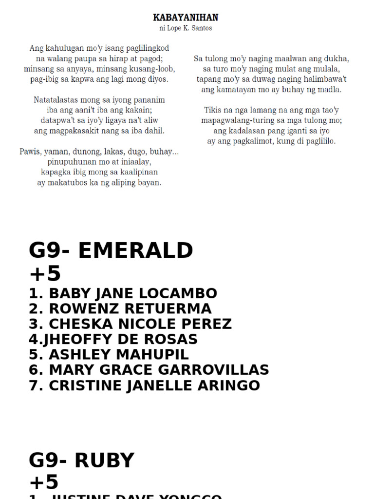 G9 Student List: Emerald & Ruby | PDF