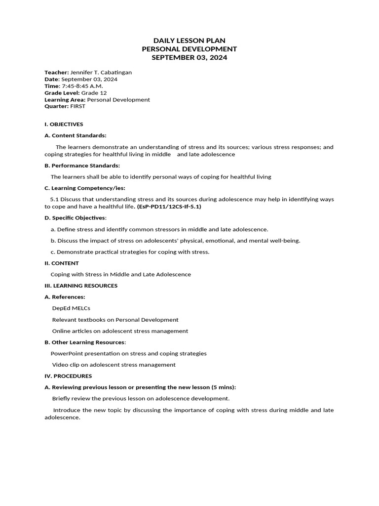 Daily Lesson Plan Cot 1 | PDF | Stress (Biology) | Relaxation (Psychology)