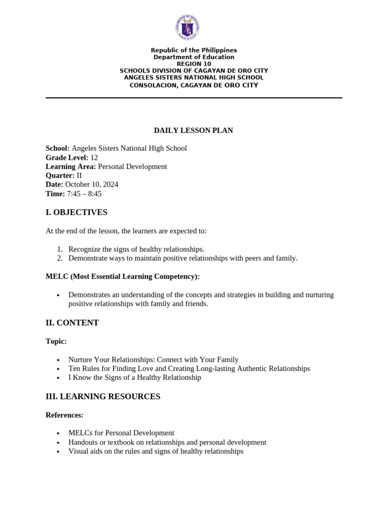Lesson Plan On Personal Relationship | PDF | Learning | Lesson Plan