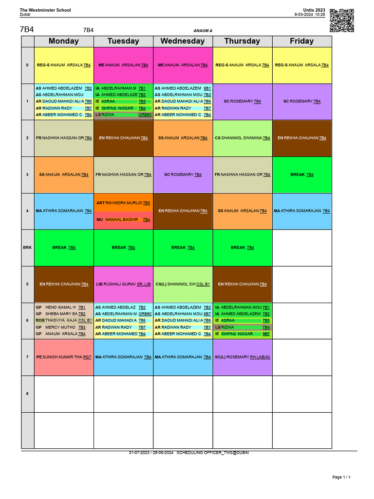 7B4 Class Schedule Overview | PDF