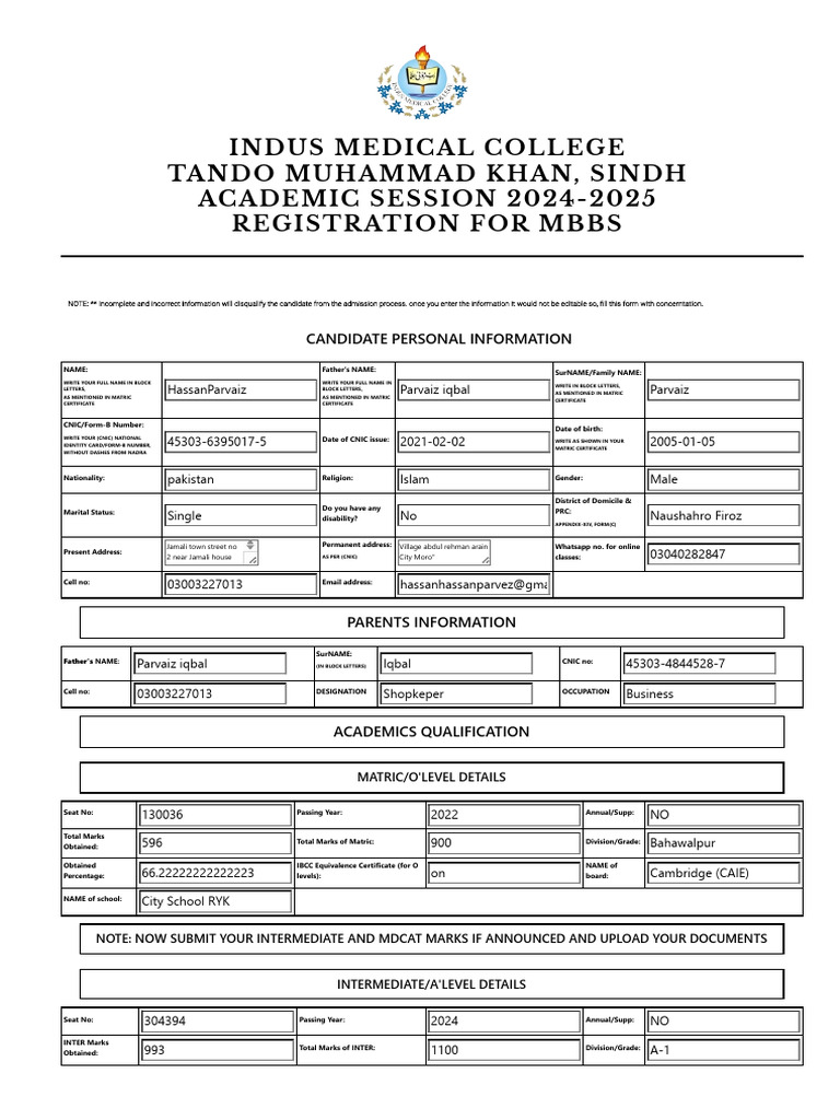 Admission Form 2024-2025 - Indus Medical College | PDF | Pakistan ...