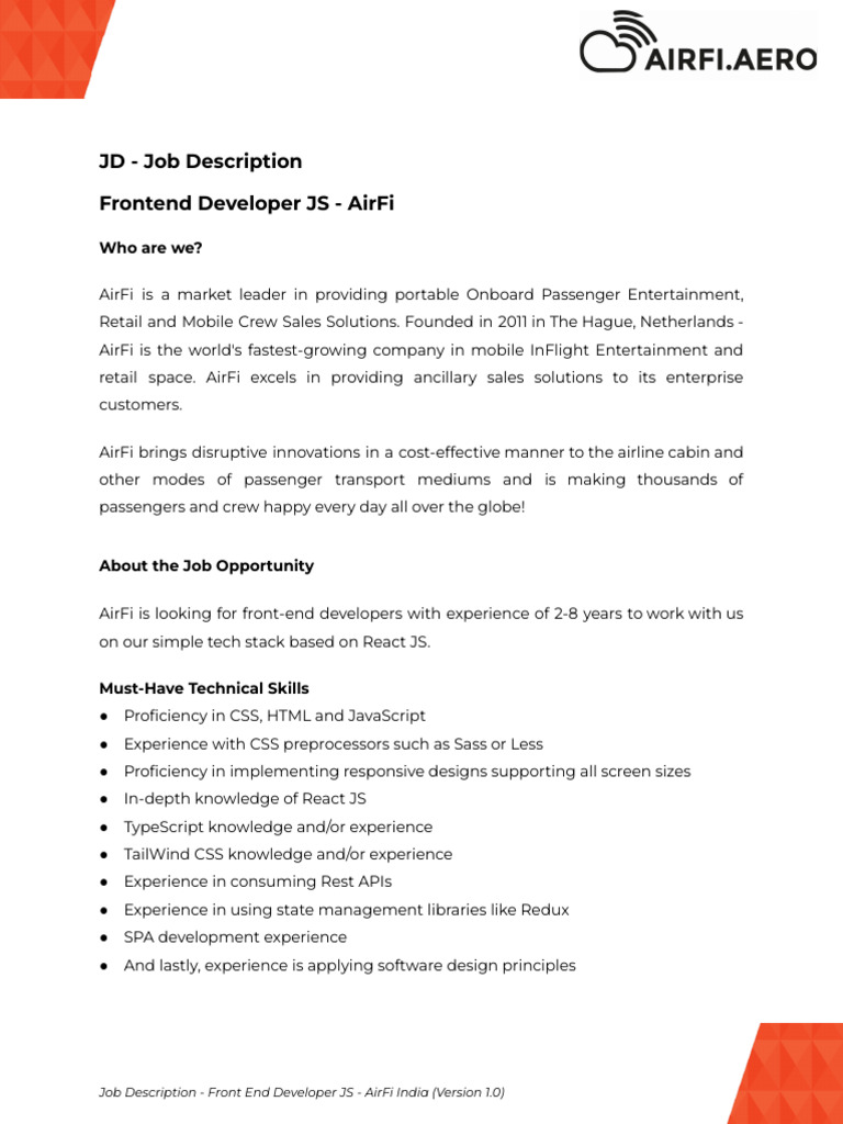 [Updated] Job Description - Frontend Developer - JavaScript -1 | PDF | Computing | Software ...