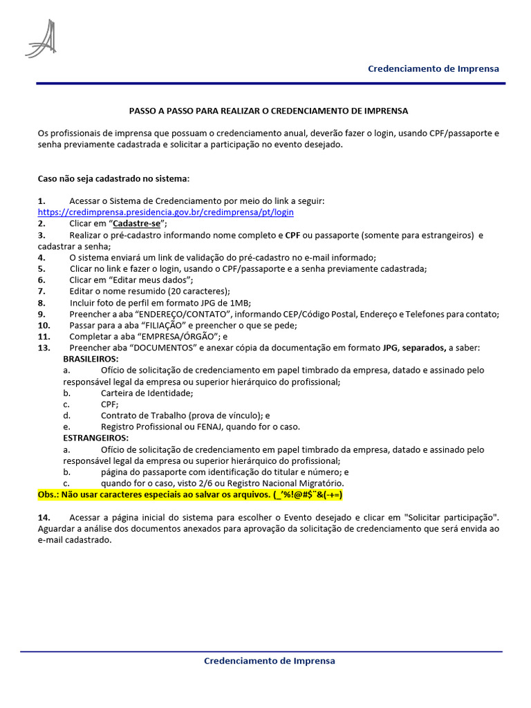 Passo A Passo Credenciamento de Imprensa 2024 | PDF | Direito