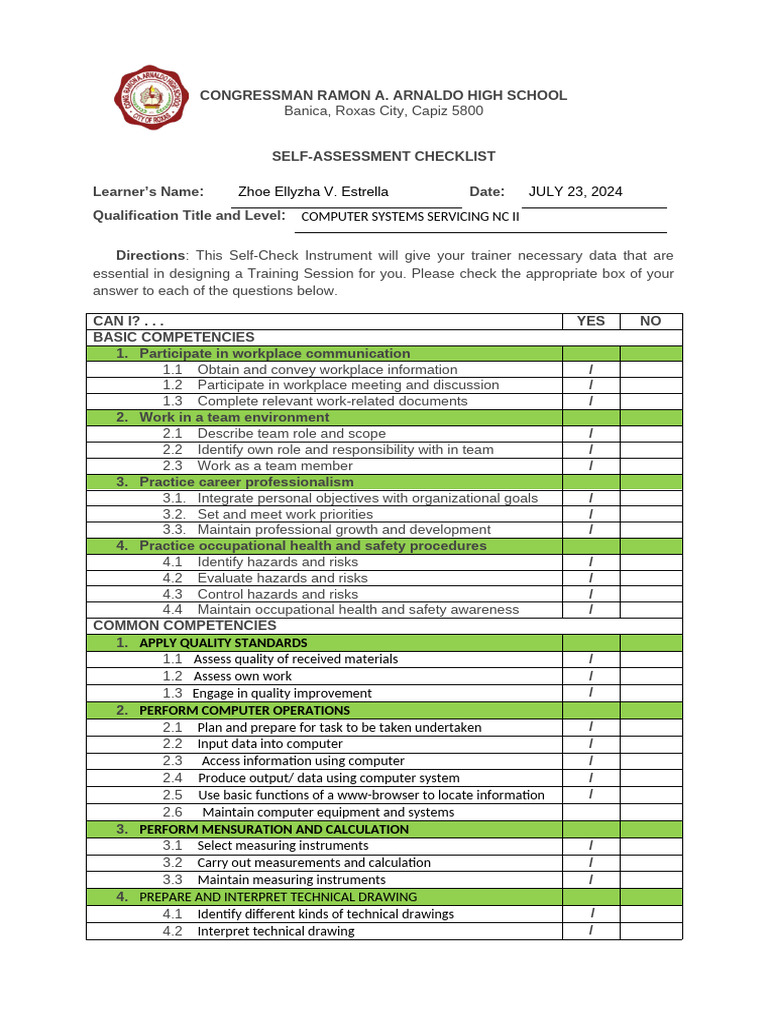 3.self Assessment Checklist (R.estrELLA) | PDF | Computer Network ...