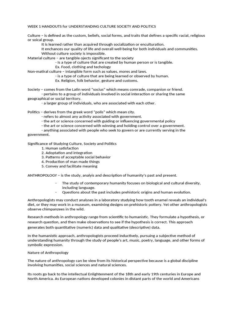 WEEK 1 HANDOUTS For UNDERSTANDING CULTURE SOCIETY AND POLITICS | PDF | Sociology | Anthropology