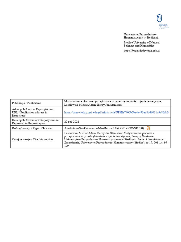 Lesniewski Berny Motywowanie Placowe I Pozaplacowe | PDF