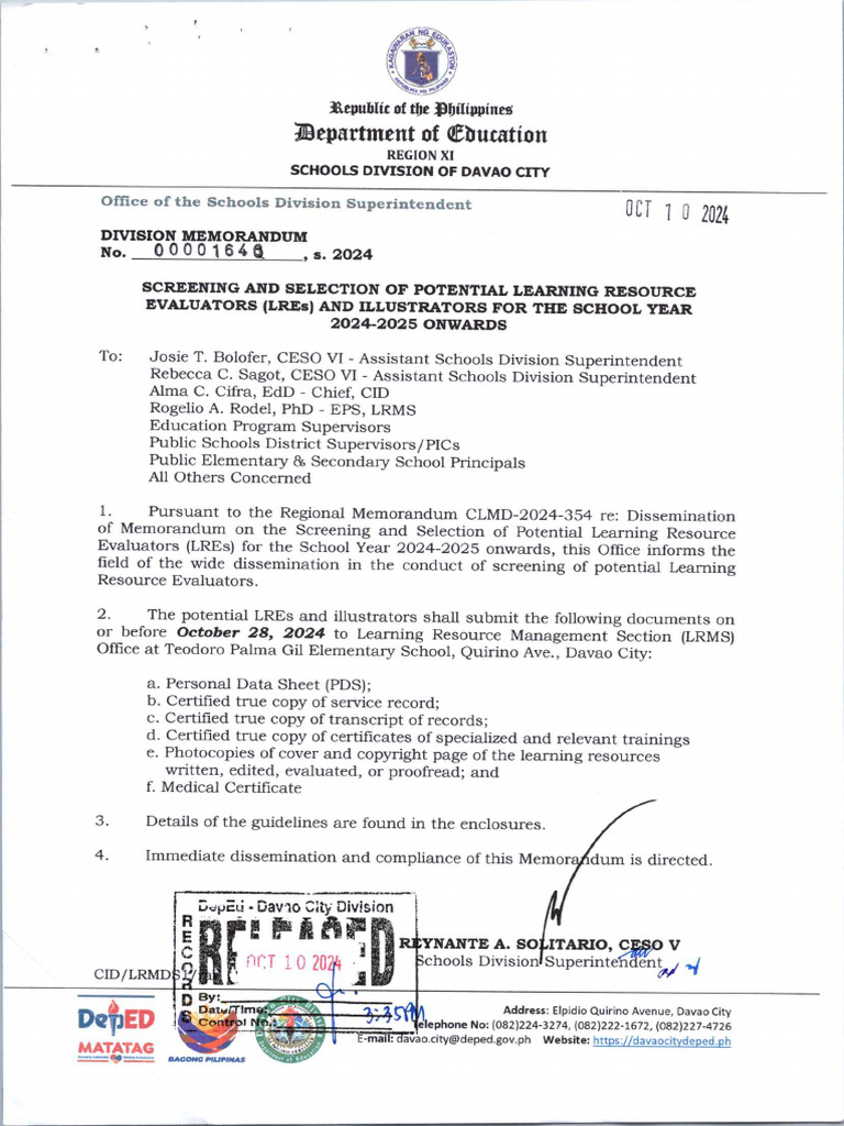 2024-Dm No. 1646 - Screening and Selection of Potential Learning Resource Evaluators (Lres) and ...