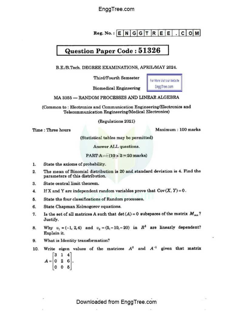 MA3355 Random Processes and Linear Algebra Apr May 2024 Question Paper ...