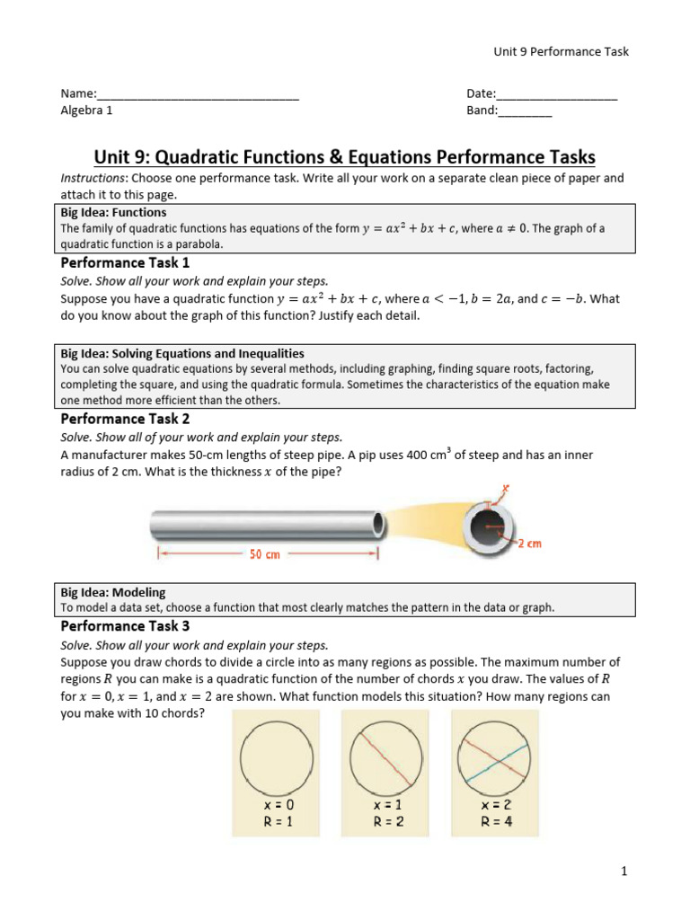Alg1 Unit 9 Performance Task | PDF | Quadratic Equation | Mathematics