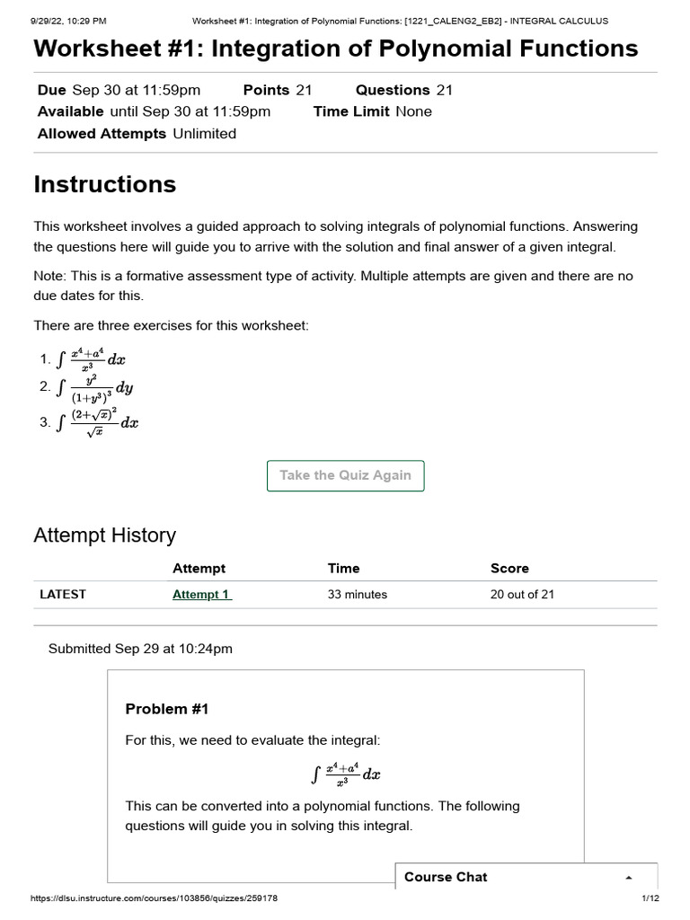 Worksheet #1 - Integration of Polynomial Functions - (1221 - CALENG2 ...