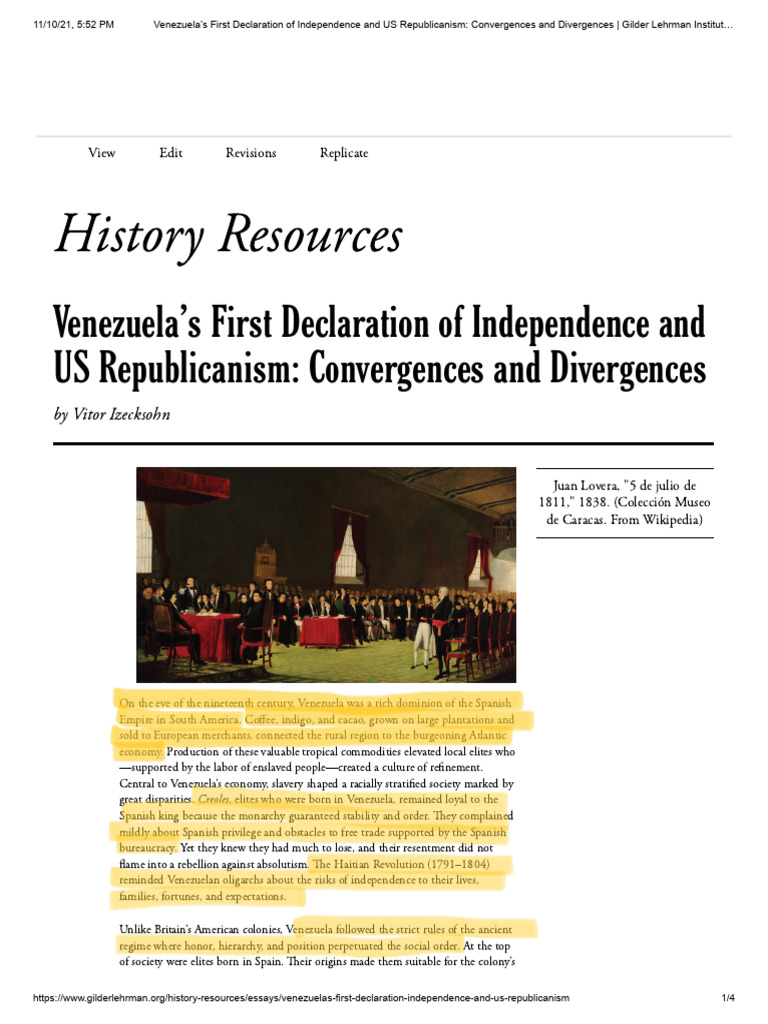 Venezuela's First Declaration of Independence and US Republicanism ...