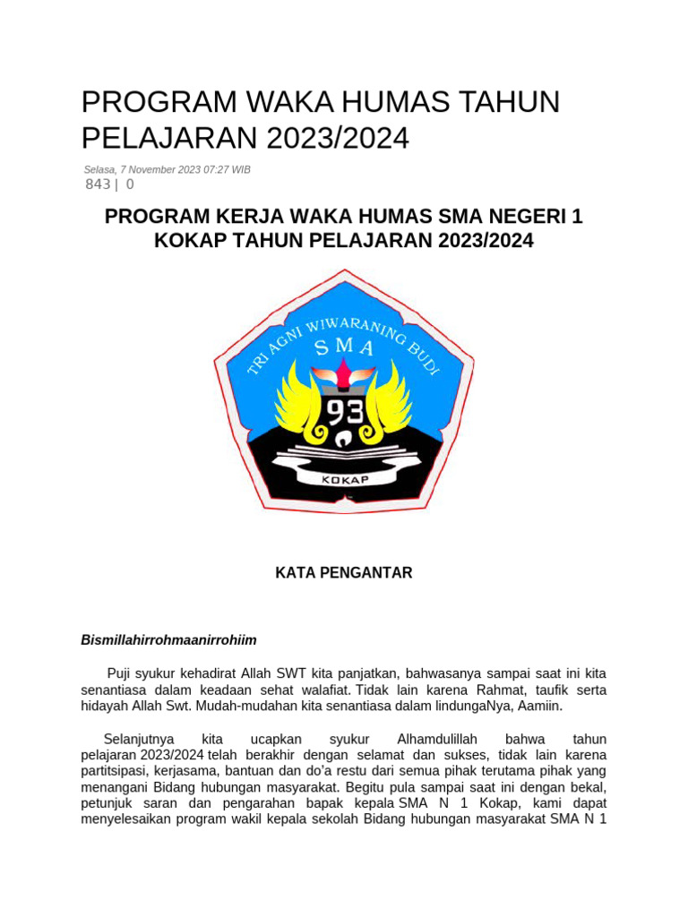 Program Waka Humas Tahun Pelajaran 2023 | PDF | Ilmu Sosial