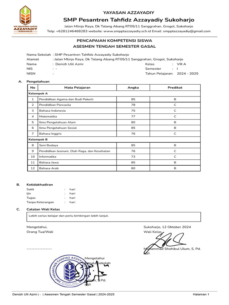Nama Siswa - Raport ASTS Gasal 8A 2024 - 2025 | PDF