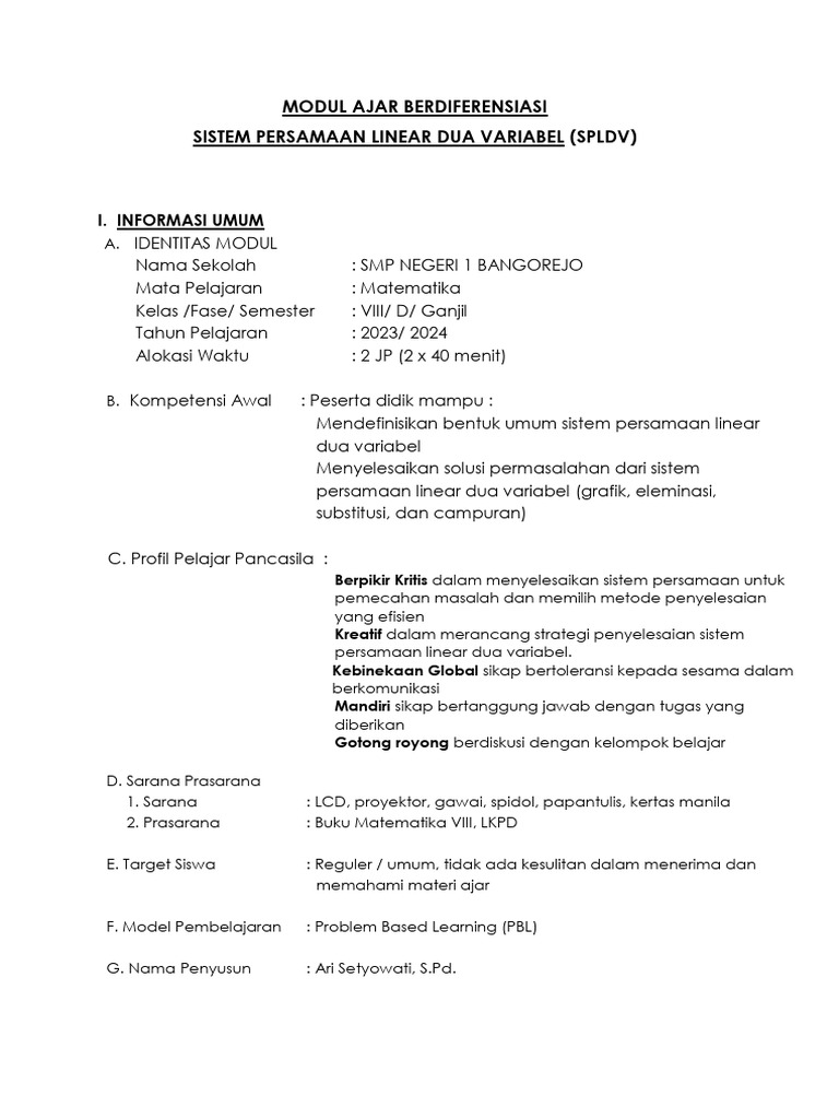 Modul Ajar SPLDV Diferensiasi - Praktik Mengajar. | PDF | Karier & Perkembangan