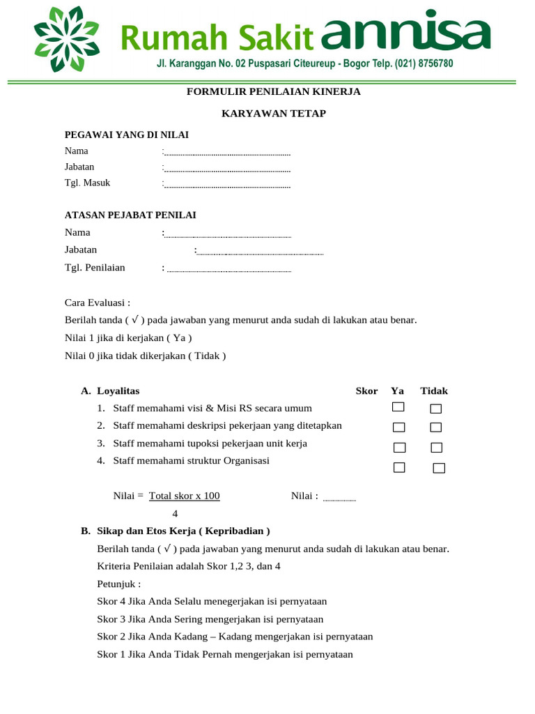 Form Penilaian Karyawan Tetap | PDF