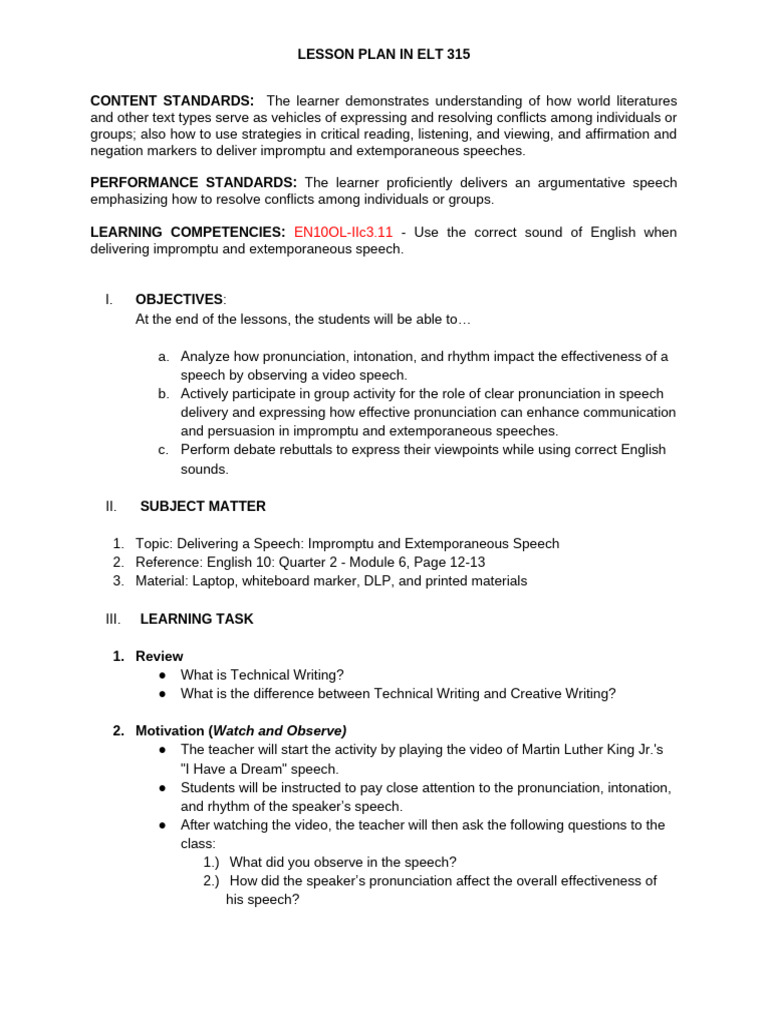 Elt 315 Lesson Plan Final | PDF | Learning | English Language