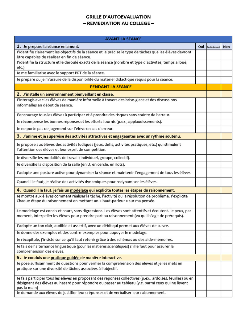 Grille d'Autoévaluation pour Remédiation | PDF | Arts du langage et ...