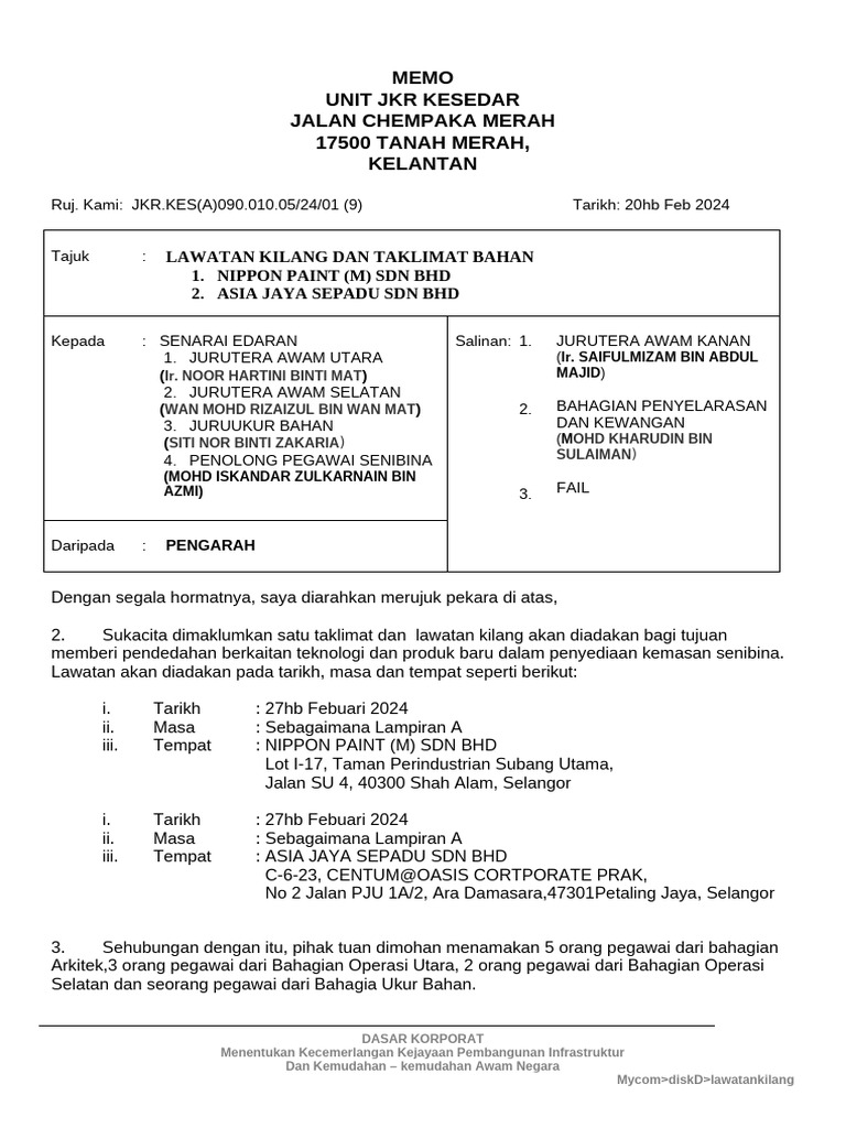 Memo Lawatan Kilang 2024 | PDF