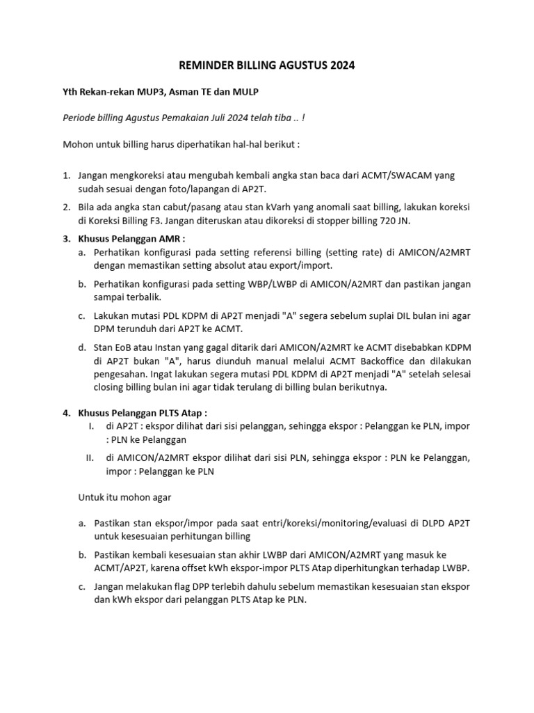 Billing Reminder For MUP, ASMAN TE, Dan MULP | PDF