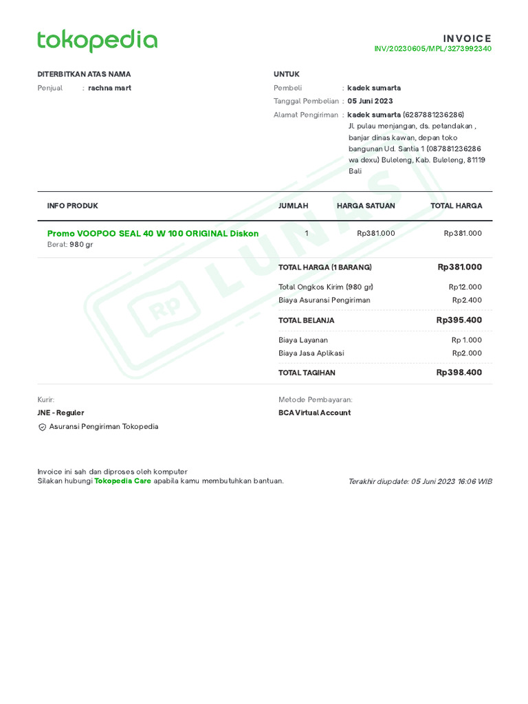 Invoice Voopoo Seal 40 Tokped | PDF