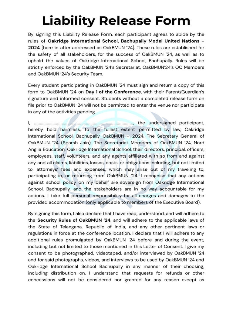 OakridgeBachupally MUN '2024 - Delegate Liability Form | PDF | Legal Liability | Justice