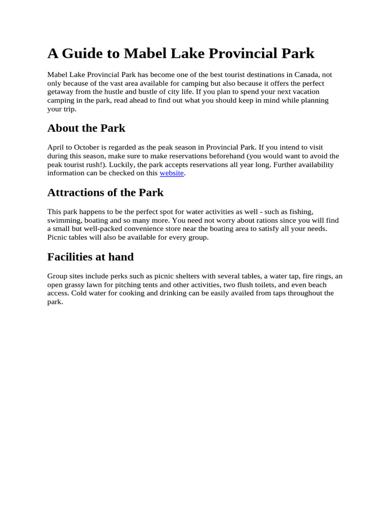 A Guide To Mabel Lake Provincial Park | PDF | Cooking, Food & Wine