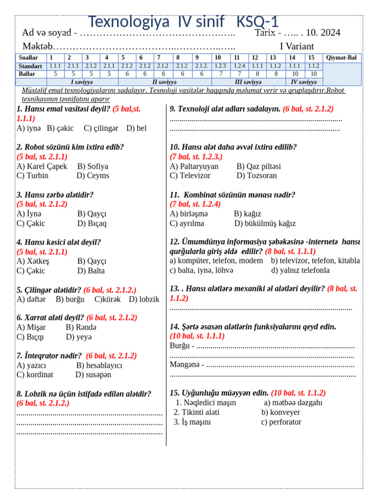 IV Sinif-Tex Ksq-1 Paylaşma Bahar.m. 0553732549 | PDF