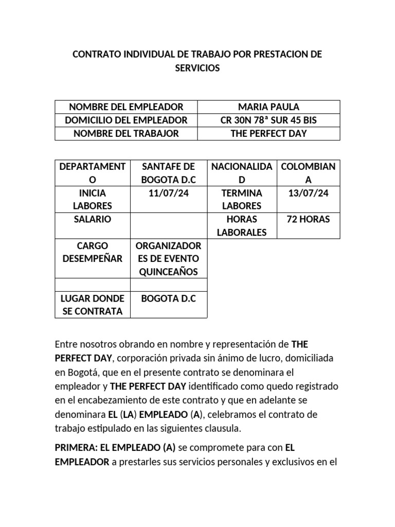 CONTRATO INDIVIDUAL DE TRABAJO POR PRESTACION DE SERVICIOS | PDF | Derecho laboral | Economias