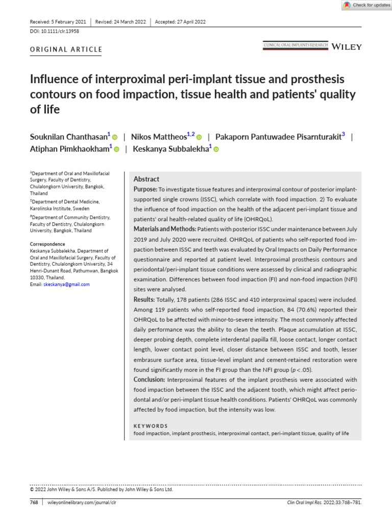 Clinical Oral Implants Res - 2022 - Chanthasan - Influence of Interproximal Peri Implant Tissue ...