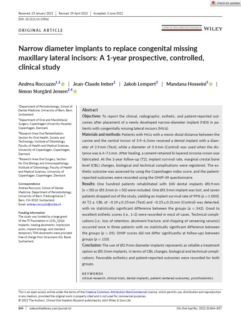 Clinical Oral Implants Res - 2022 - Roccuzzo - Narrow Diameter Implants ...