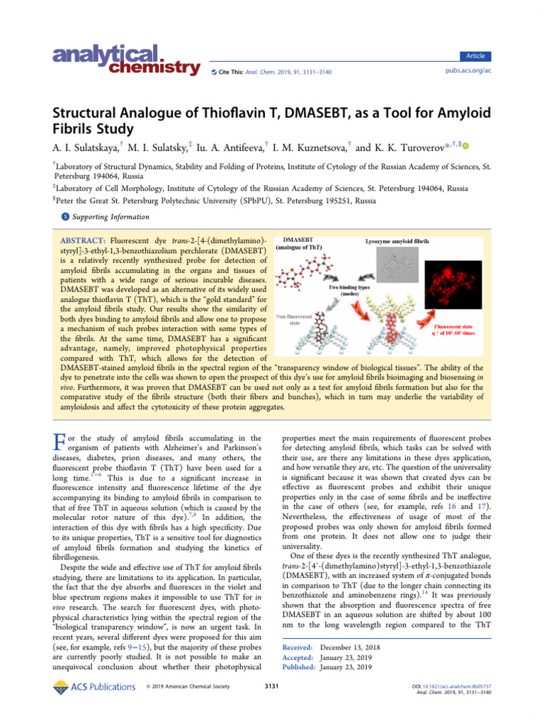 Sulatskaya Et Al 2019 Structural Analogue of Thioflavin T Dmasebt As A ...