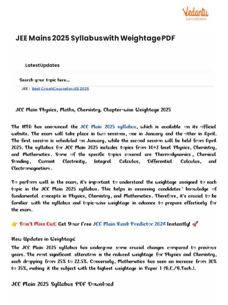 JEE Mains 2025 Syllabus With Weightage PDF | PDF