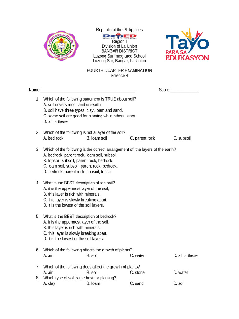 Fourth Quarter Examination 4 | PDF | Water | Shadow