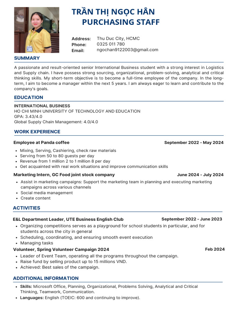 Cv - Purchasing Staff - trần Thị Ngọc Hân | PDF