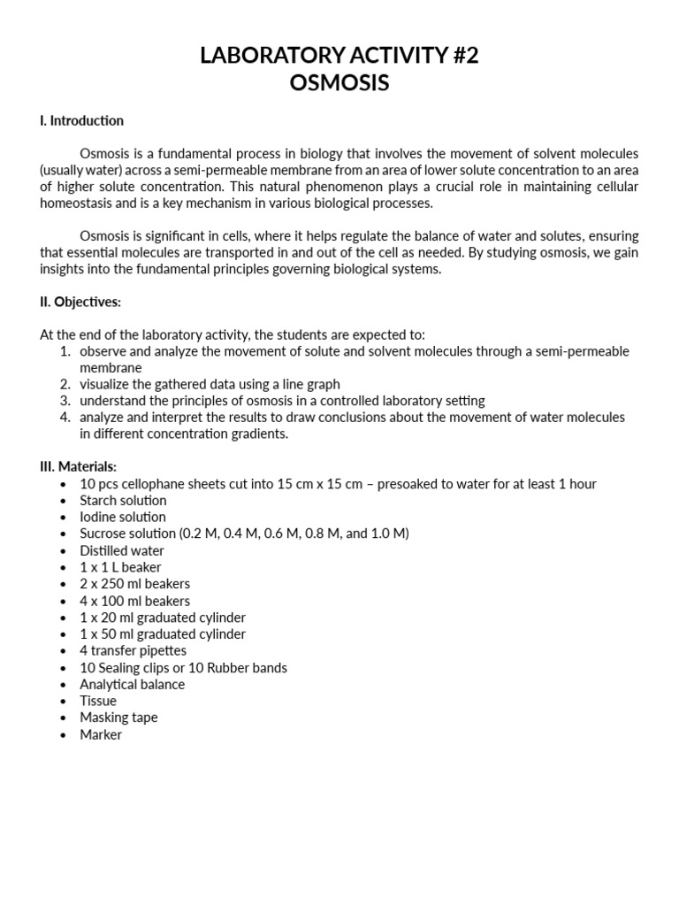 Laboratory Worksheet Osmosis | PDF | Osmosis