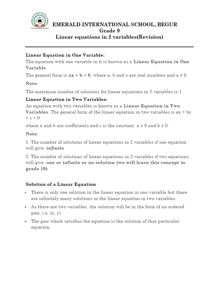 Grade 9 - Maths - Revision Concepts - Linear Equations in 2 Variables ...