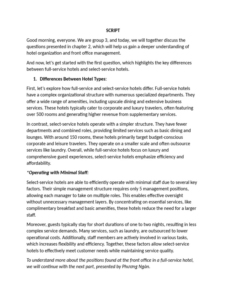 SCRIPT | PDF | Hotel | Outsourcing