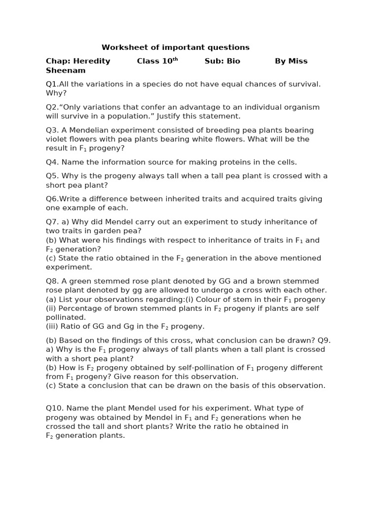 Class 10 Heredity Worksheet Answers | PDF | Heredity | Life Sciences
