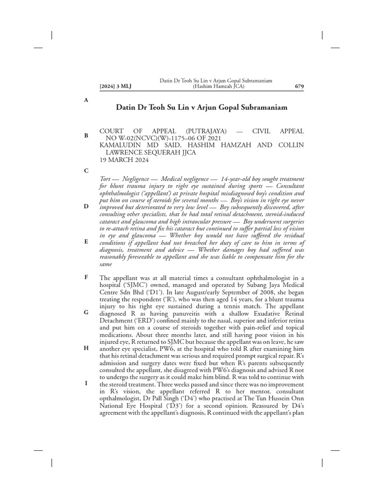 Datin DR Teoh Su Lin V Arjun Gopal Subramaniam | PDF | Negligence | Damages