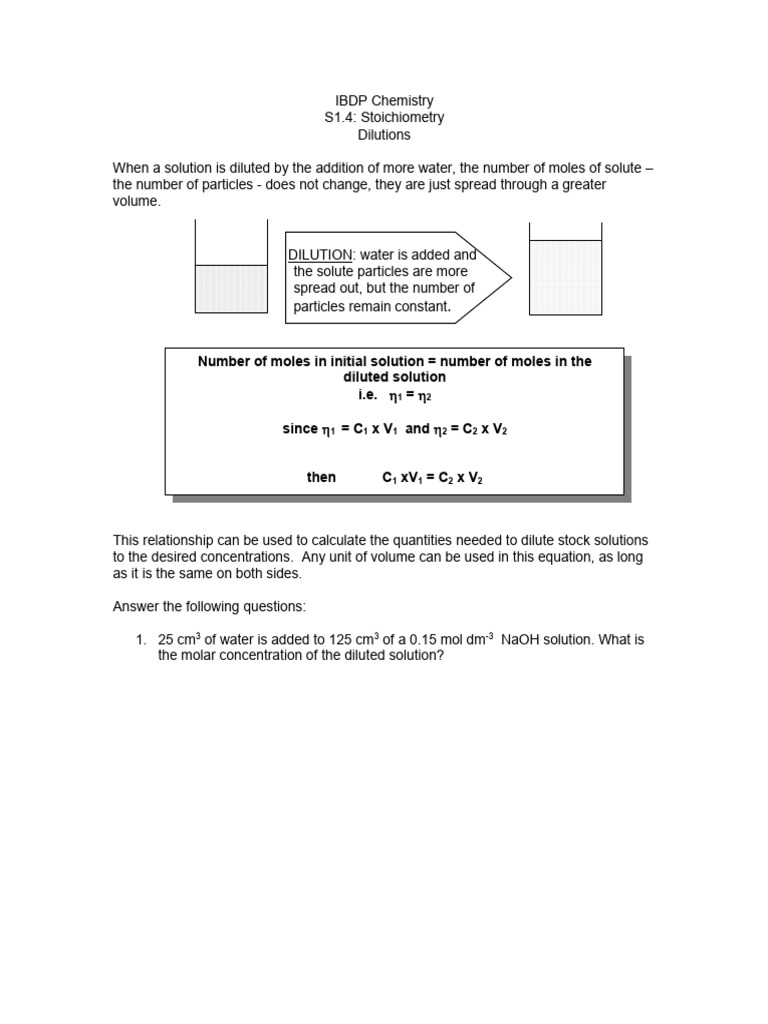 Dilutions Worksheet | PDF | Mole (Unit) | Concentration