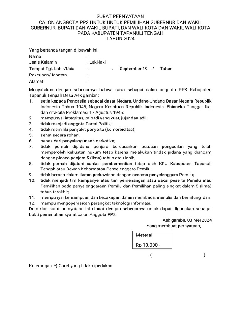Surat Pernyataan Calon Anggota PPS 2024 | PDF | Hukum