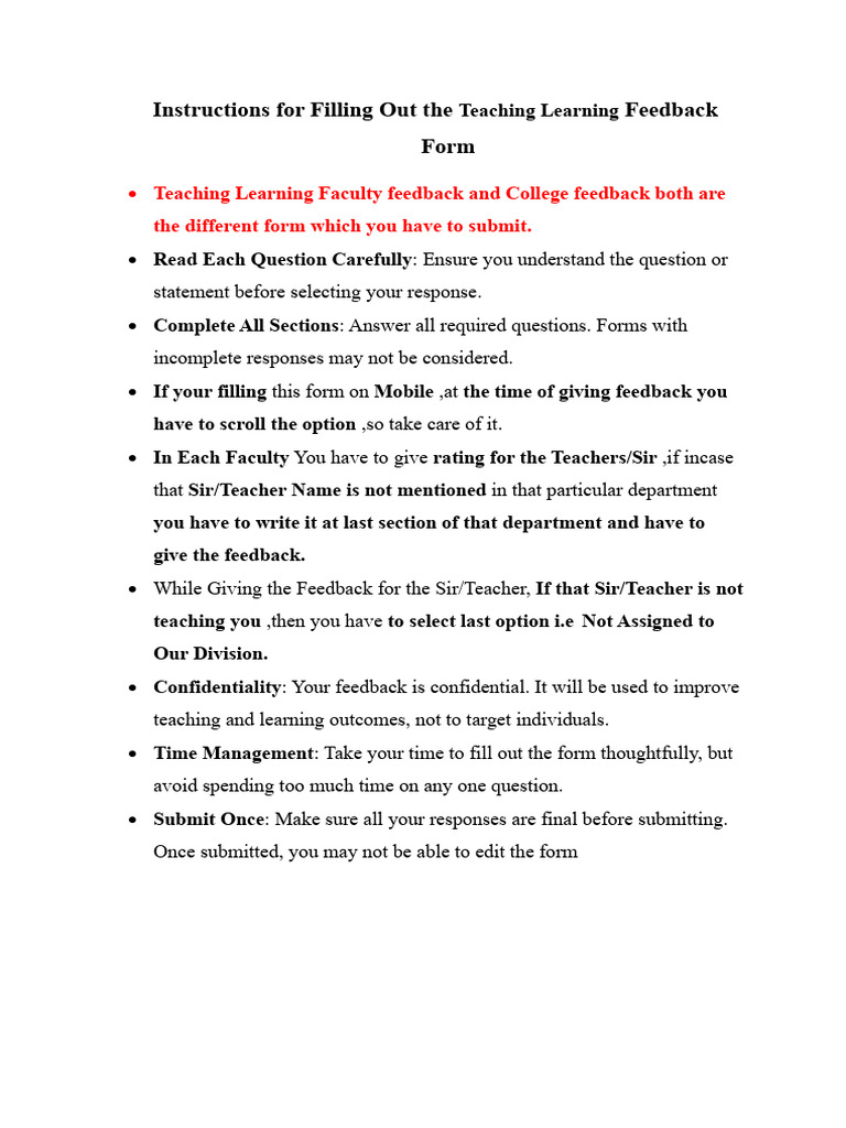 Instructions for Filling Out the Teaching Learning Feedback Form | PDF