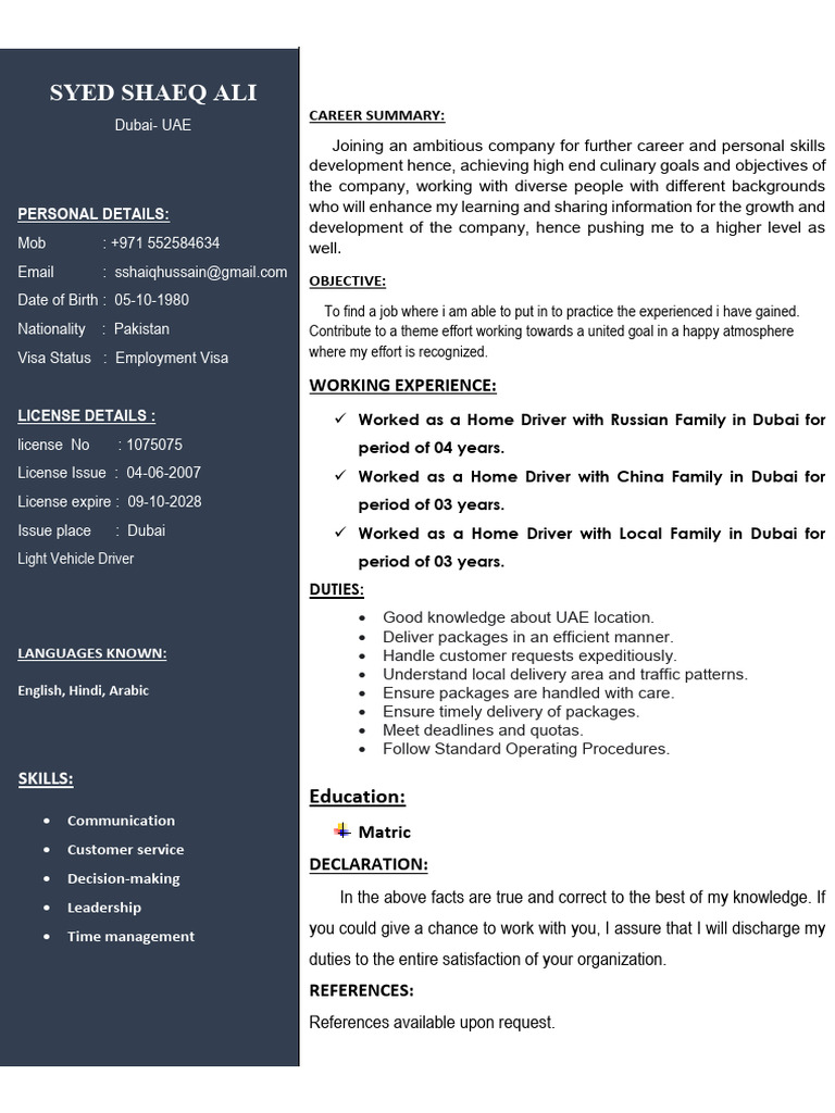 Dubai Home Driver Resume Summary | PDF | Dubai